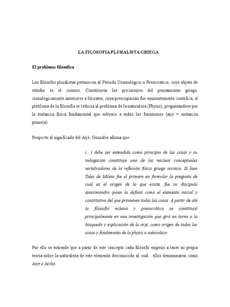 Filosofía Pluralista Griega: Arjé y Teorías | PDF | Filosofía griega ...