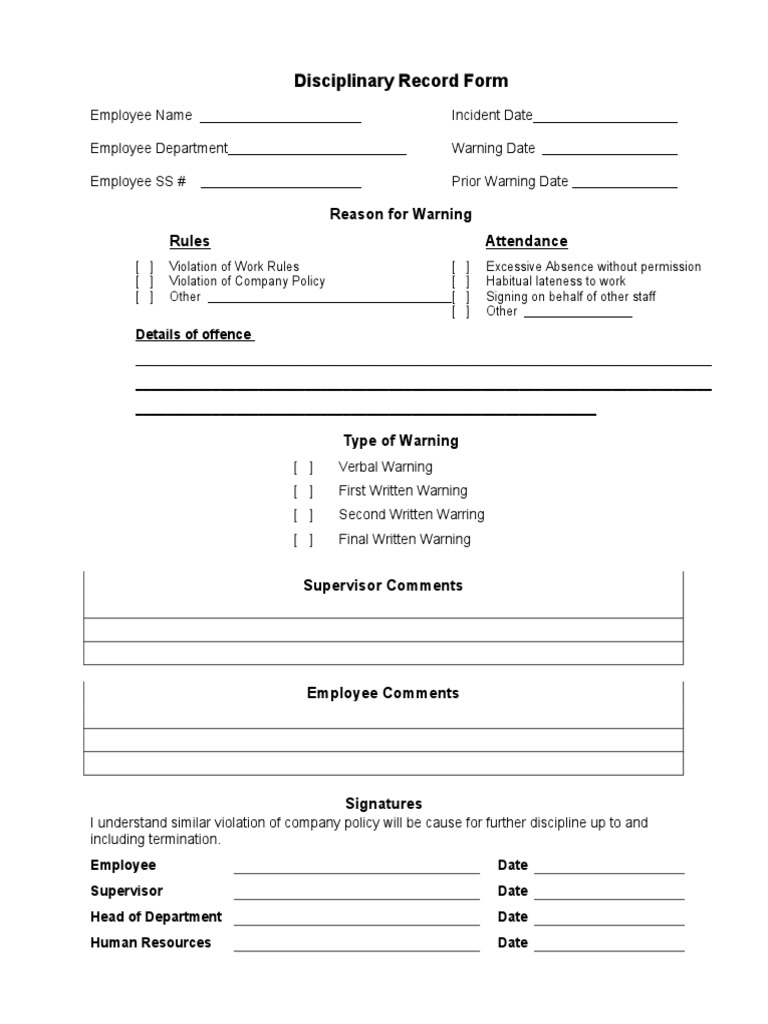 Disciplinary Record Form: Reason For Warning Rules Attendance | PDF