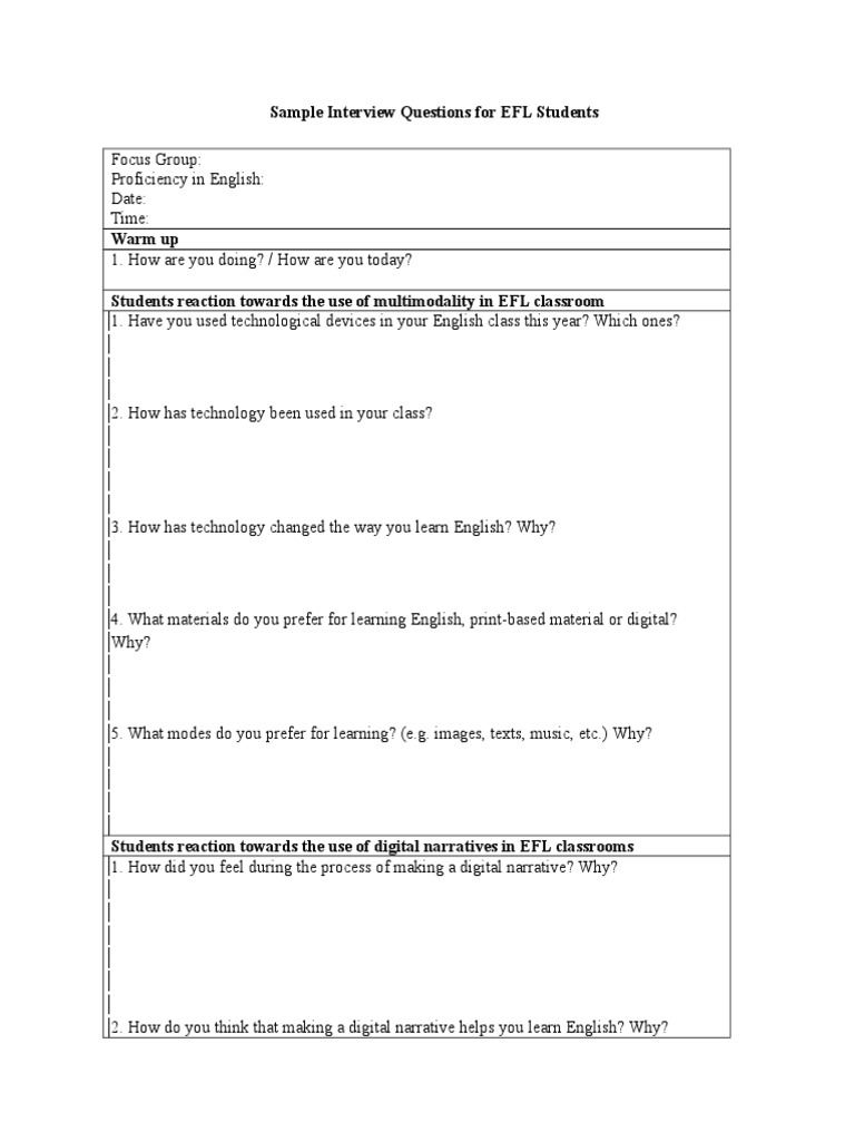 Sample Interview Questions For EFL Students | PDF