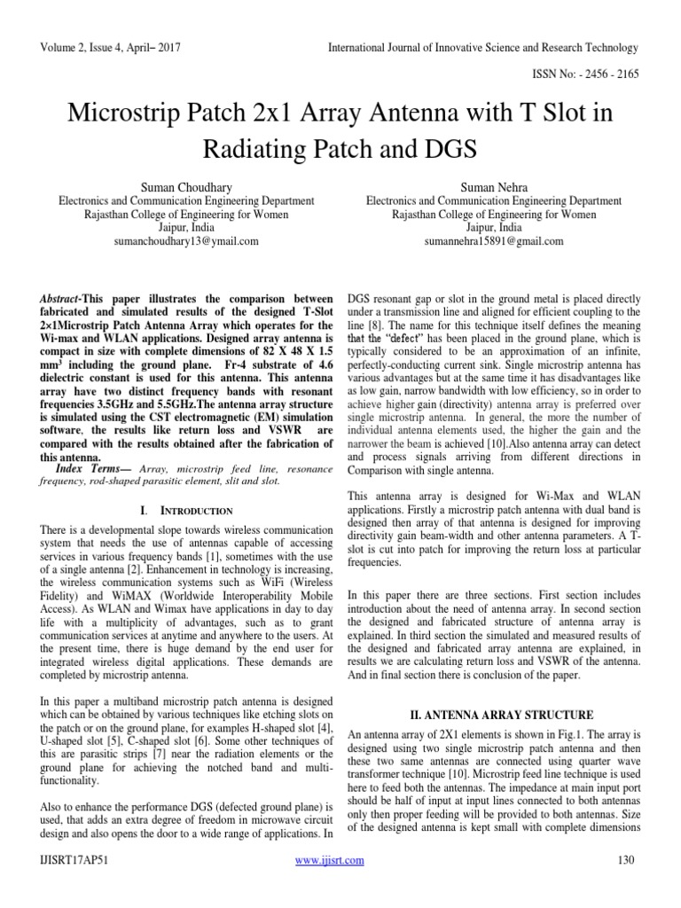 Microstrip Patch 2x1 Array Antenna With T Slot in Radiating Patch and DGS | PDF | Wi Max ...