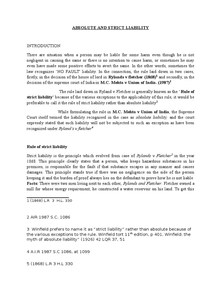 Absolute and Strict Liability | Tort | Strict Liability