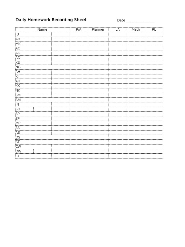 Daily Homework Record Sheet | PDF
