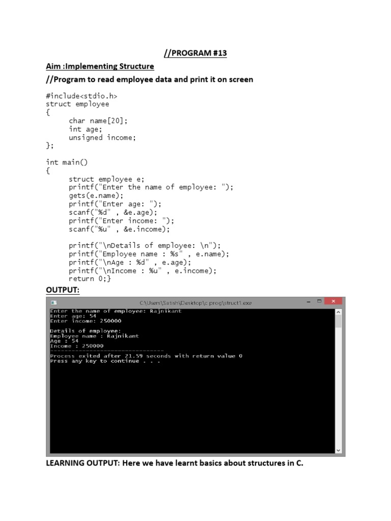 PROGRAM #13 Aim:Implementing Structure //program To Read Employee Data and Print It On Screen ...