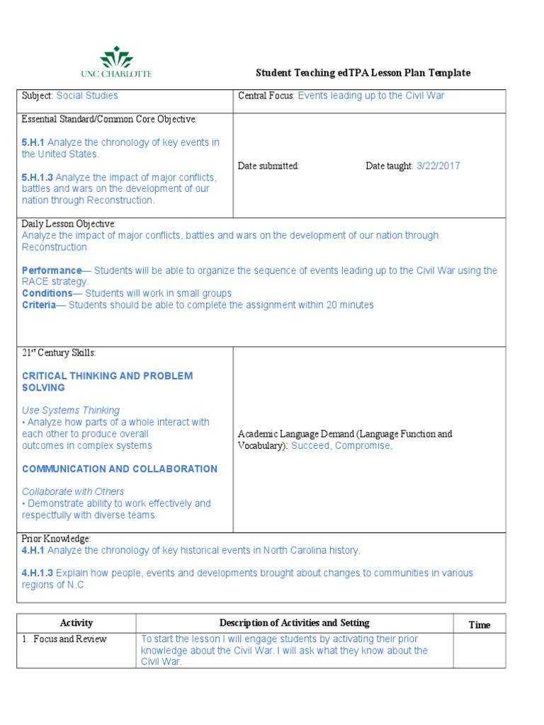Student Teaching Edtpa Lesson Plan Template: Subject: Central Focus ...