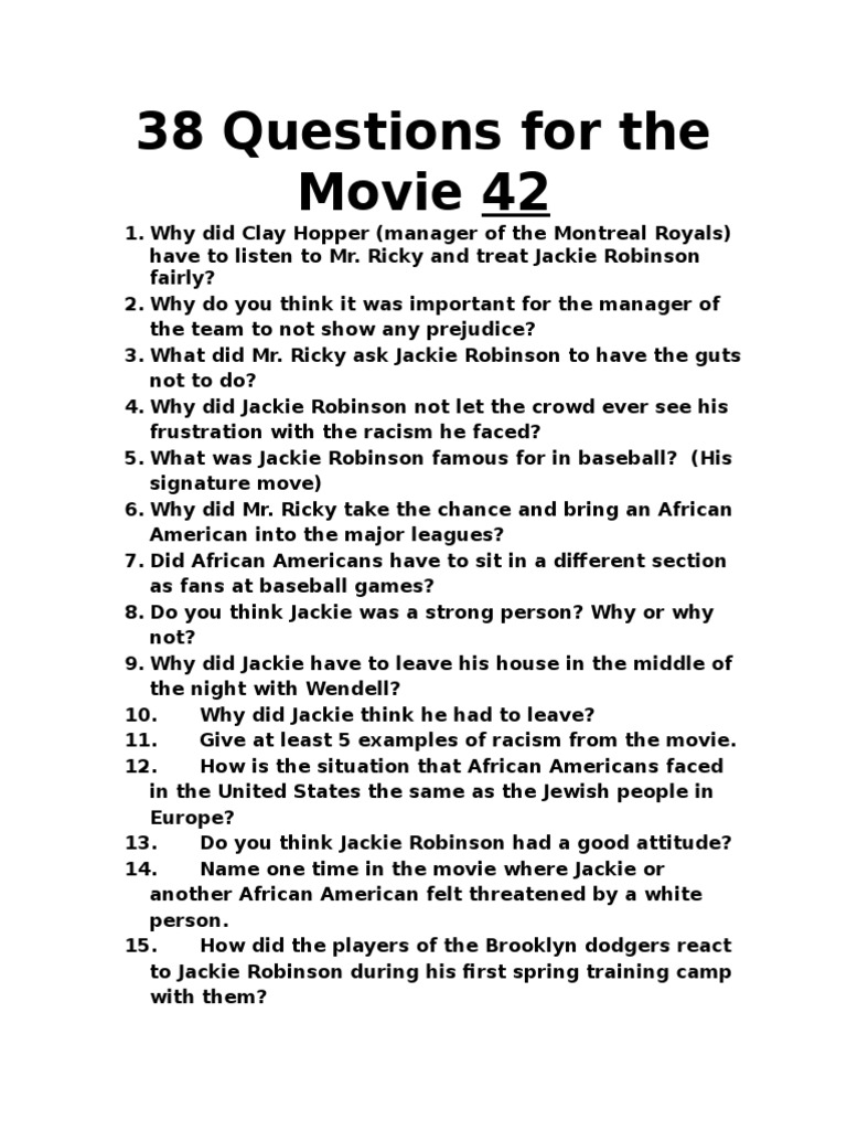 38 Questions For The Movie 42 | PDF | Jackie Robinson | Los Angeles Dodgers