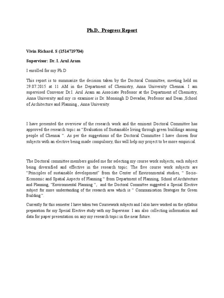 Ph.D. Progress Report: Vivin Richard. S (1514719704) Supervisor: Dr. I ...