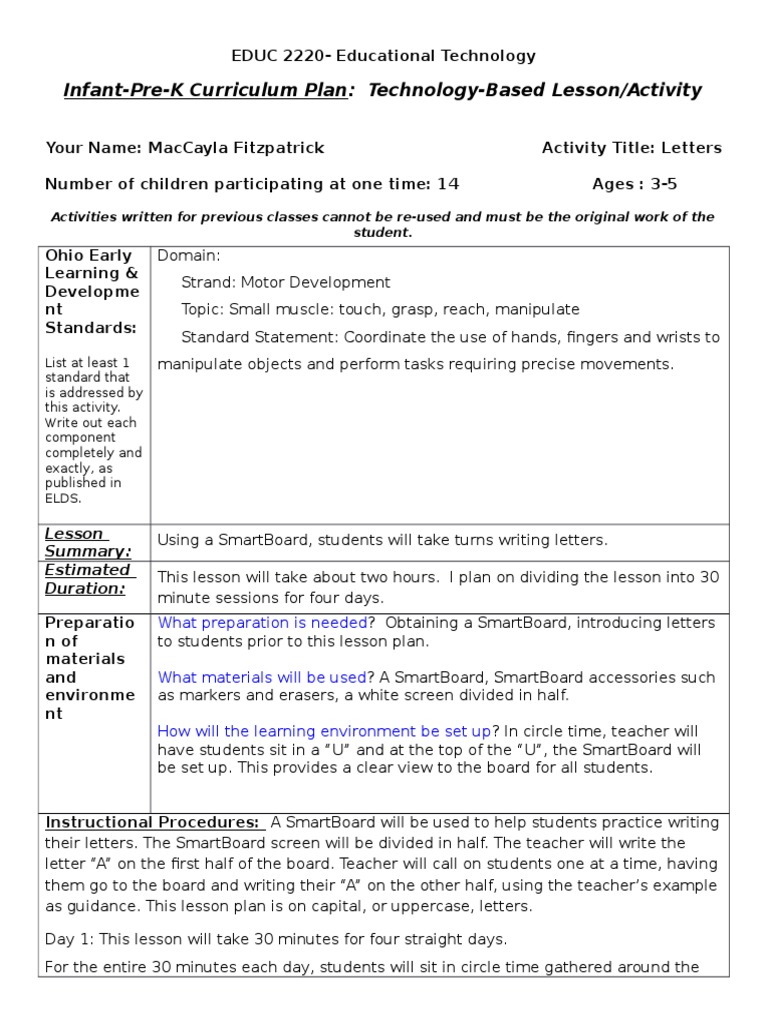 Infant-Pre-K Curriculum Plan: Technology-Based Lesson/Activity | PDF ...