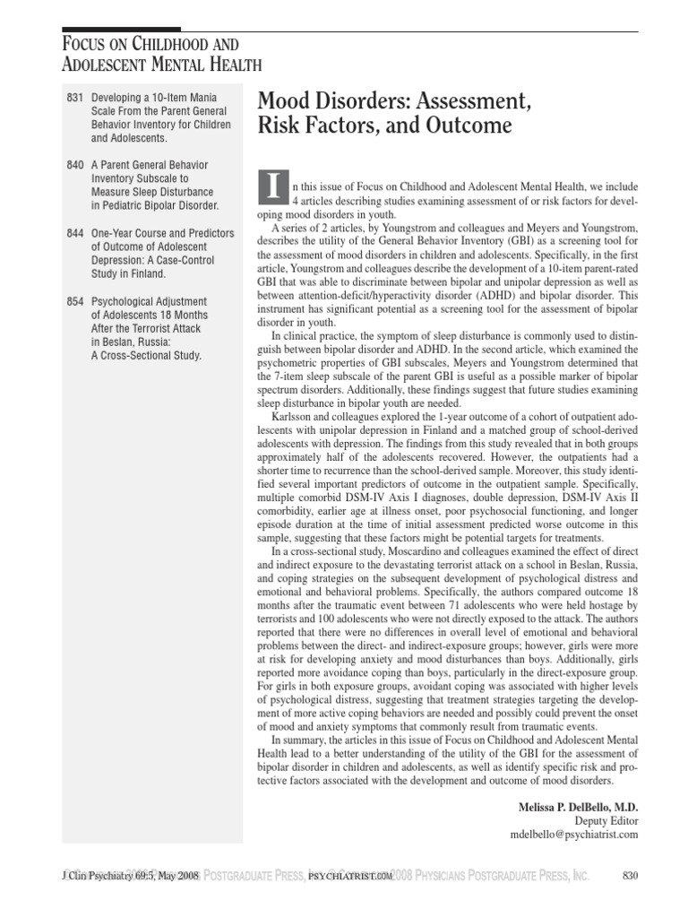 Mood Disorders: Assessment, Risk Factors, and Outcome: F C A M H | PDF ...