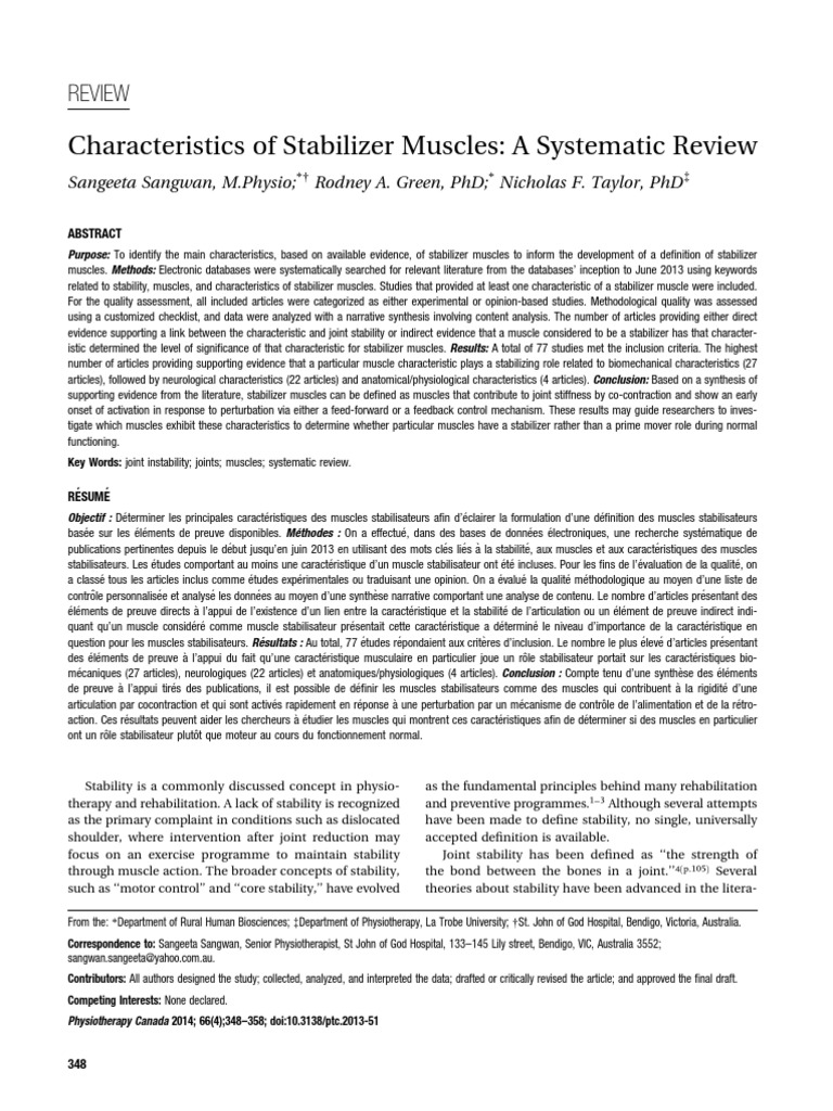 Characteristics of Stabilizer Muscles A Systematic Review | PDF ...