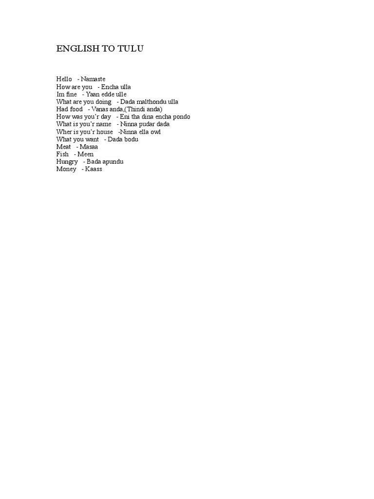 English To Tulu Learning | PDF