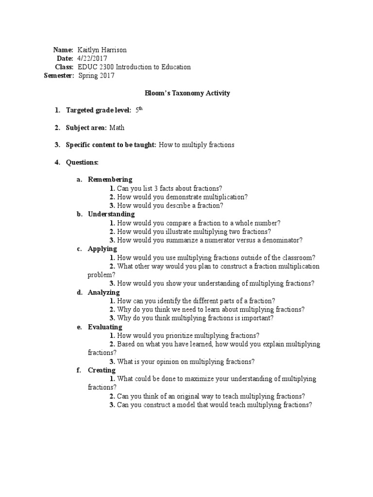 Blooms Taxonomy Questions | PDF