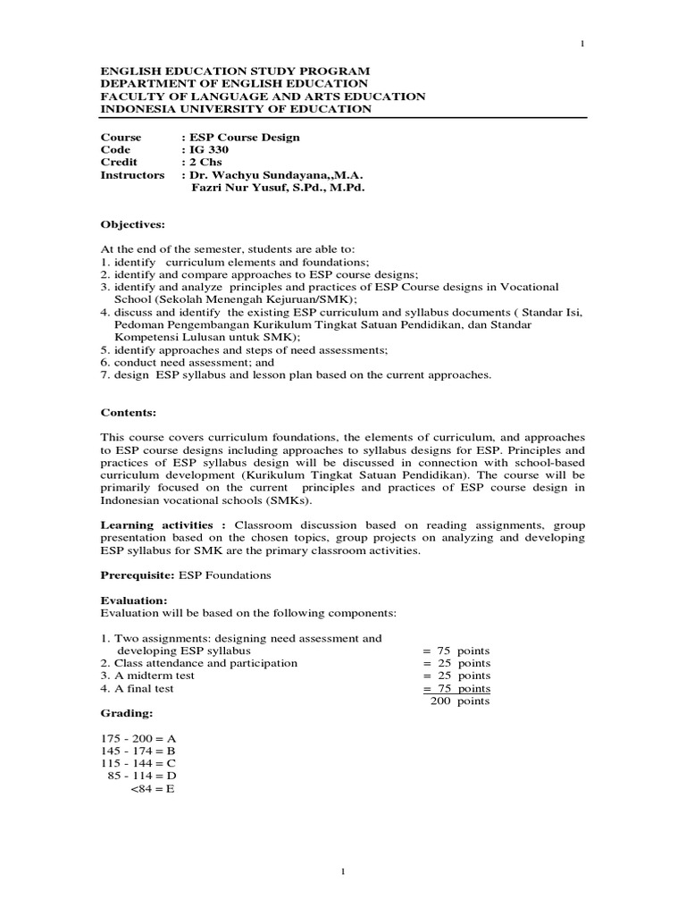 ESP Course Design Syllabus PDF | PDF | Curriculum | Educational Assessment