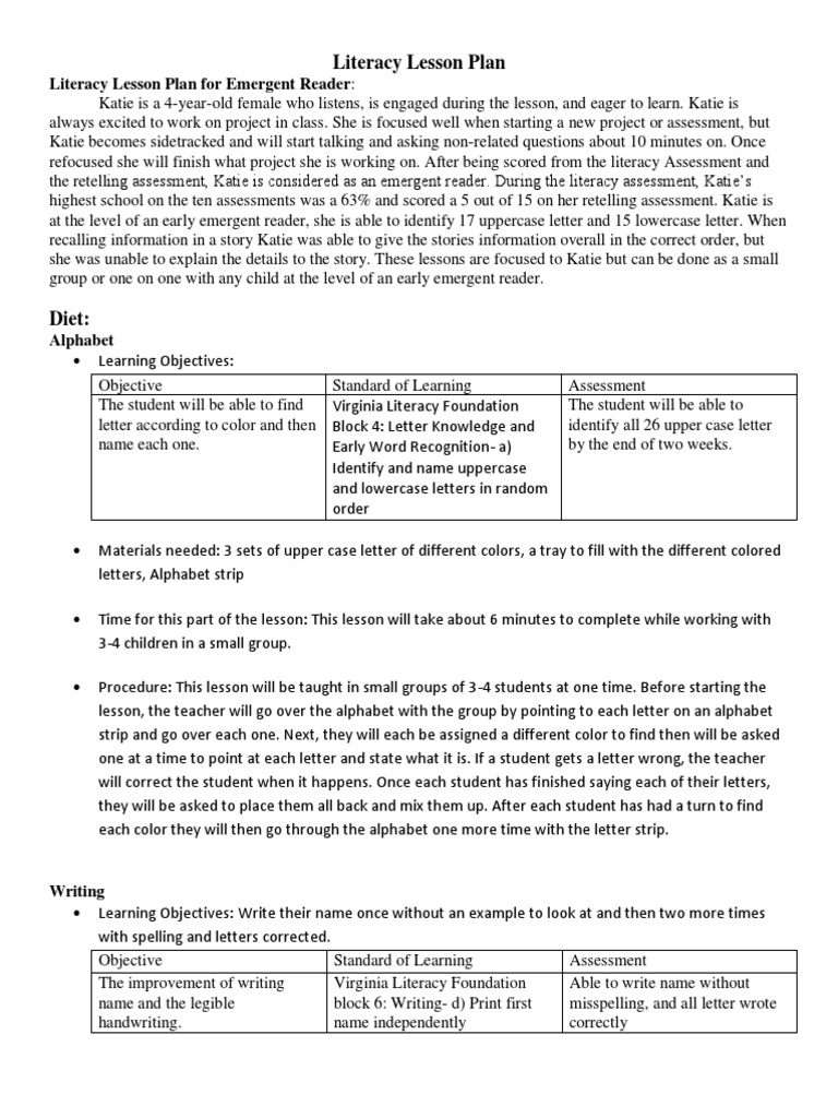 Lesson Plan For Emergent Literacy Lesson Portfilo | PDF | Educational ...