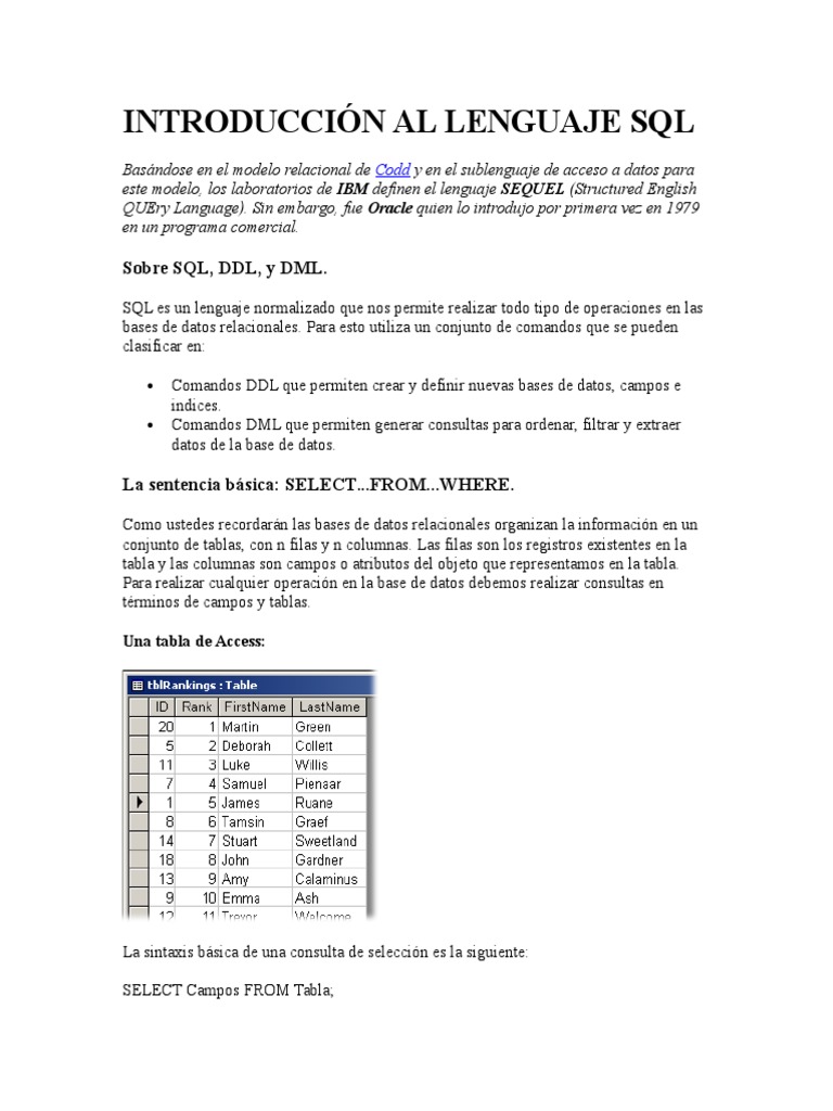Introduccion Al Lenguaje SQL | PDF | SQL | Software de gestión de datos
