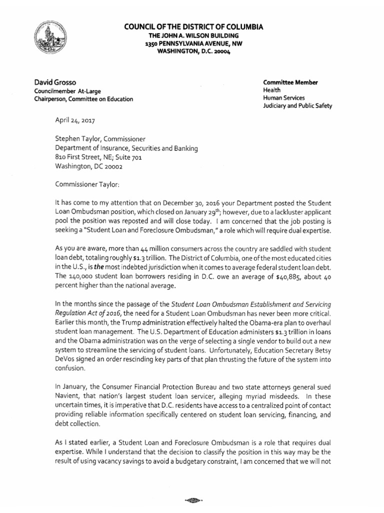 CM Grosso Letter To DISB Re: Student Loan Ombudsman | PDF