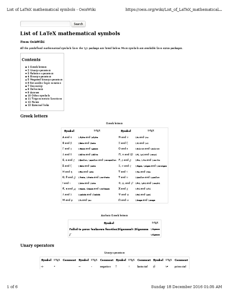 List Of Latex Mathematical Symbols - Oeiswiki | Download Free Pdf 