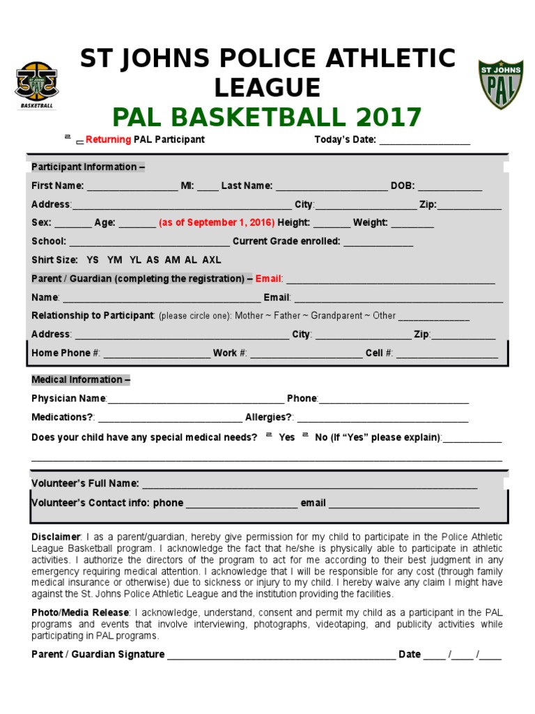 St. Johns PAL Basketball Registration 2017 | PDF