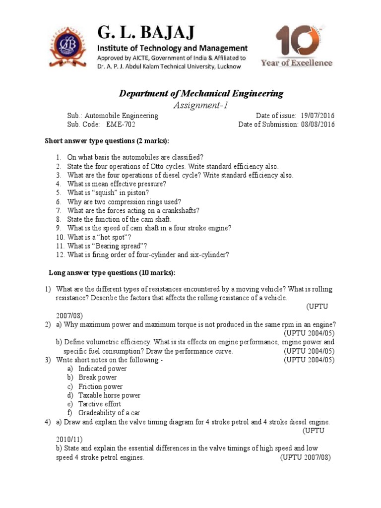 Department of Mechanical Engineering: Assignment-1 | PDF | Internal ...