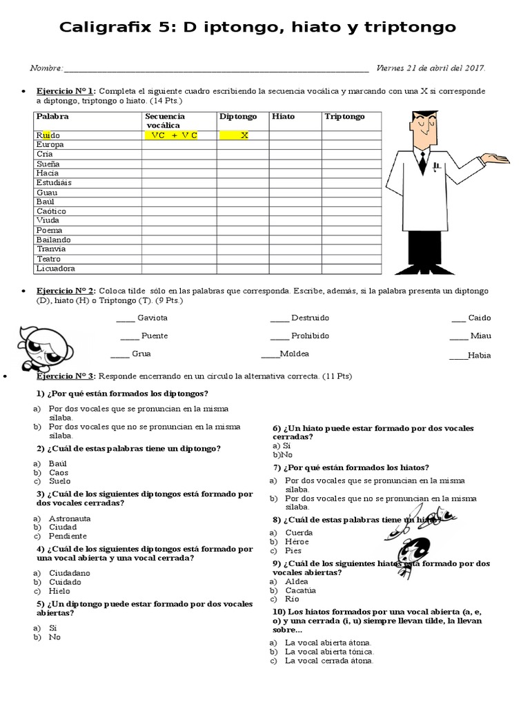 2017 Prueba Hiato y Diptongo | PDF | Filología | Artes del Lenguaje y ...