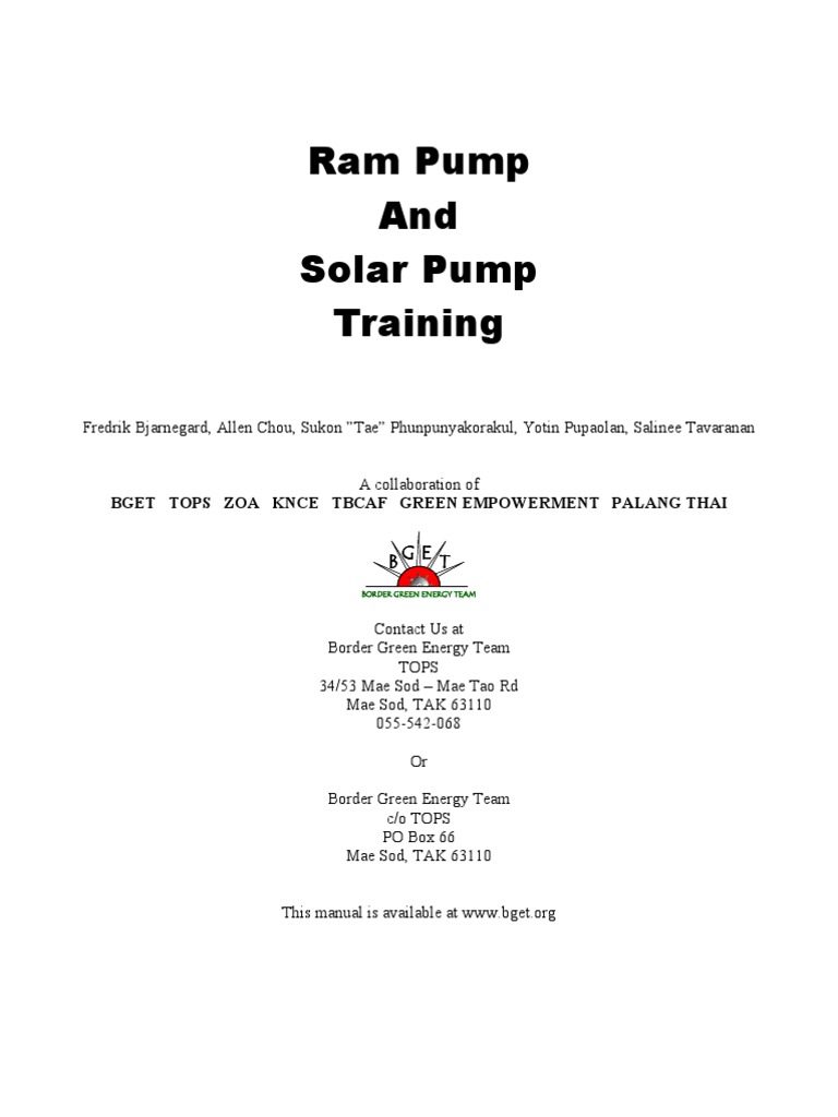 Hydraulic Ram and Solar Powered Water Pumping Training Manual ...