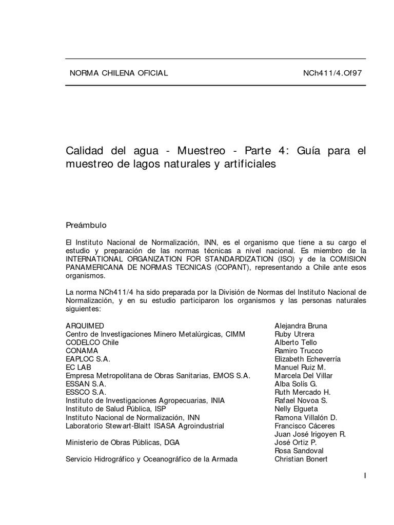 Calidad del agua - Muestreo - Parte 4: Guía para el muestreo de lagos naturales y artificiales