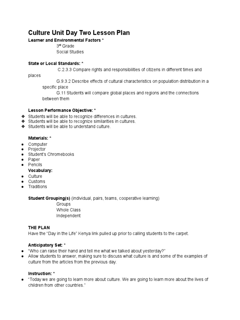 Culture Unit Day Two Lesson Plan: Learner and Environmental Factors ...