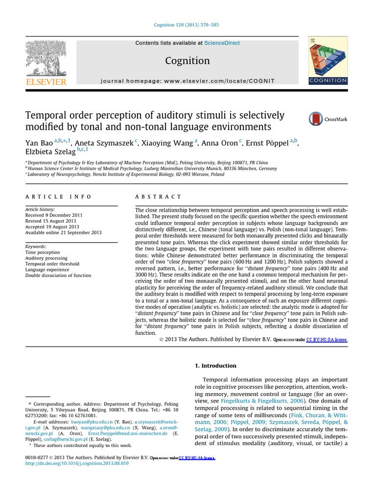 Temporal Order Perception Of Auditory Stimuli Is Selectively Modified By Tonal And Non Tonal