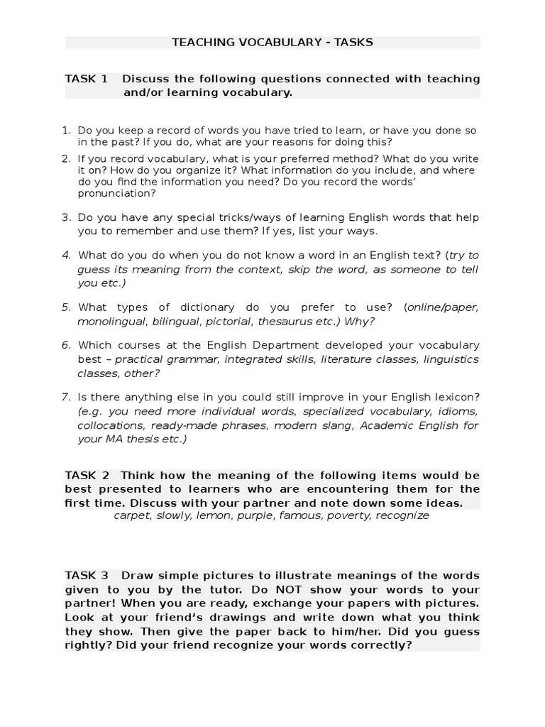 Vocabulary Tasks | Vocabulary | English Language