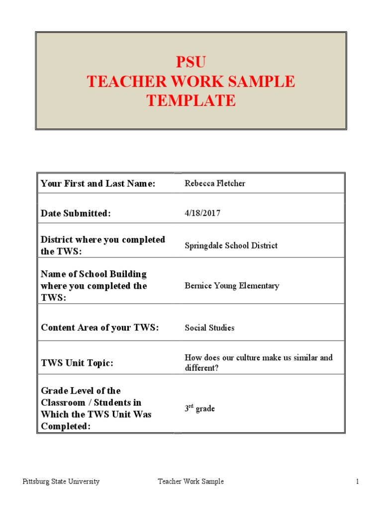 PSU Teacher Work Sample Template: Rebecca Fletcher | PDF | Educational ...