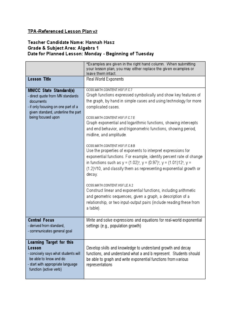 TPA-Referenced Lesson Plan Teacher Candidate Name: Hannah Hasz Grade ...