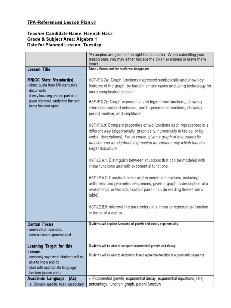 TPA-Referenced Lesson Plan Teacher Candidate Name: Hannah Hasz Grade ...