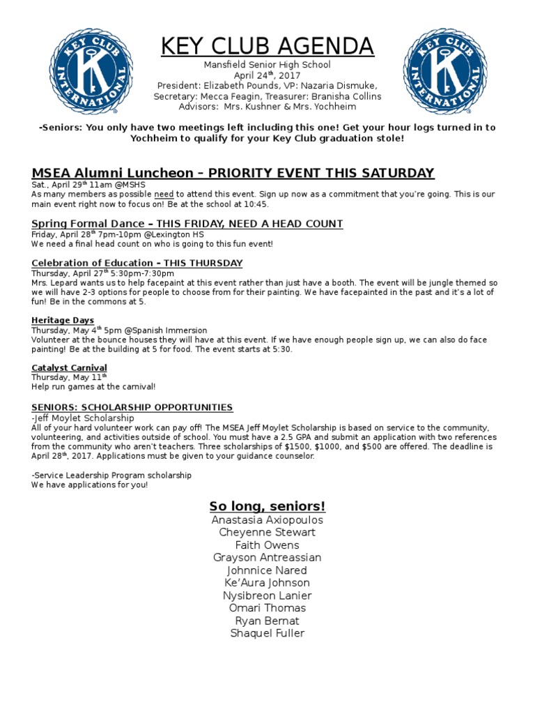 Key Club Agenda | PDF