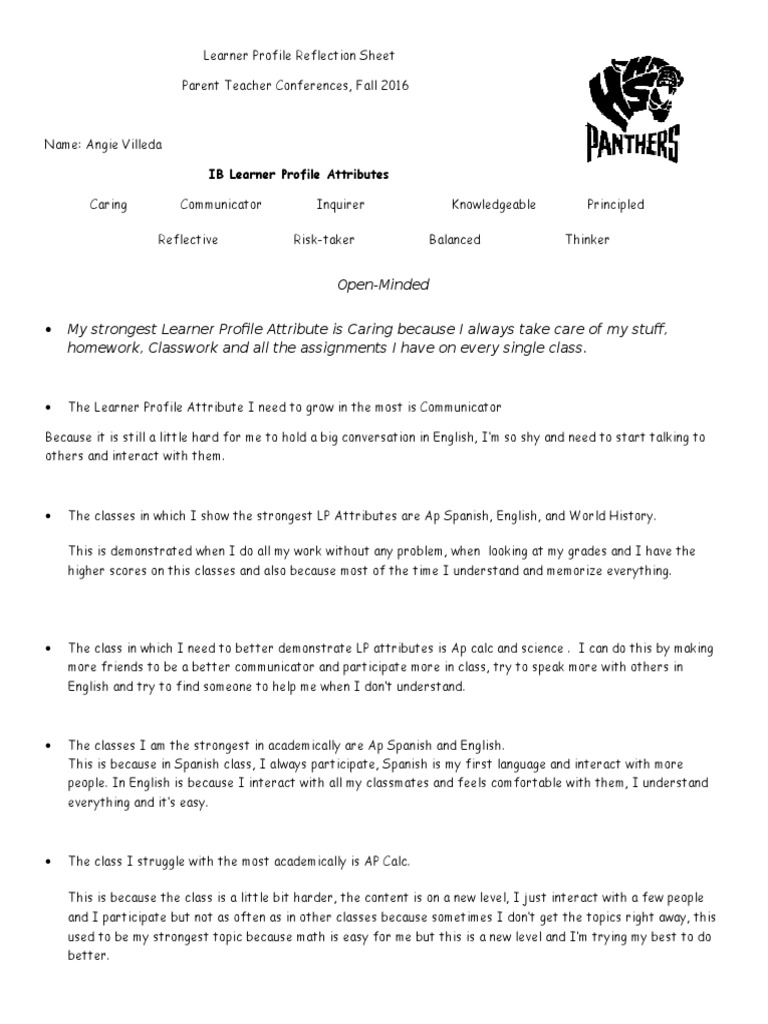 Learner Profile Reflection Sheet | PDF