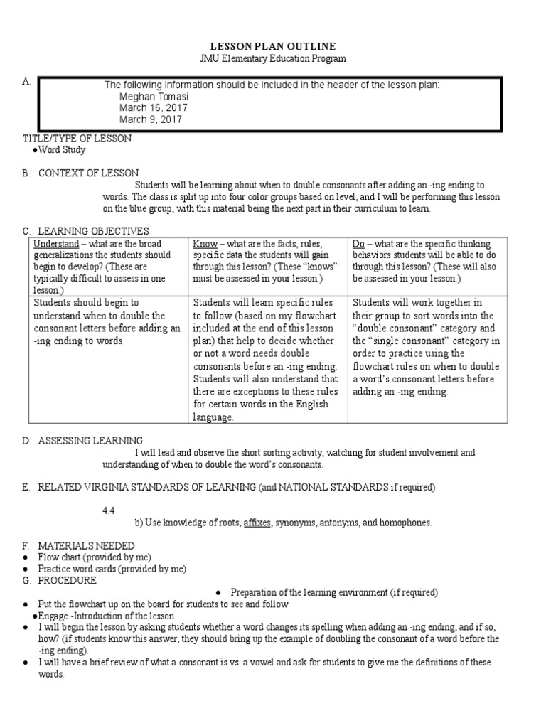 Lesson Plan Outline | PDF | Educational Assessment | Lesson Plan