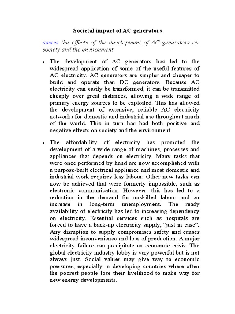 Assess The Effects of The Development of AC Generators On Society and ...