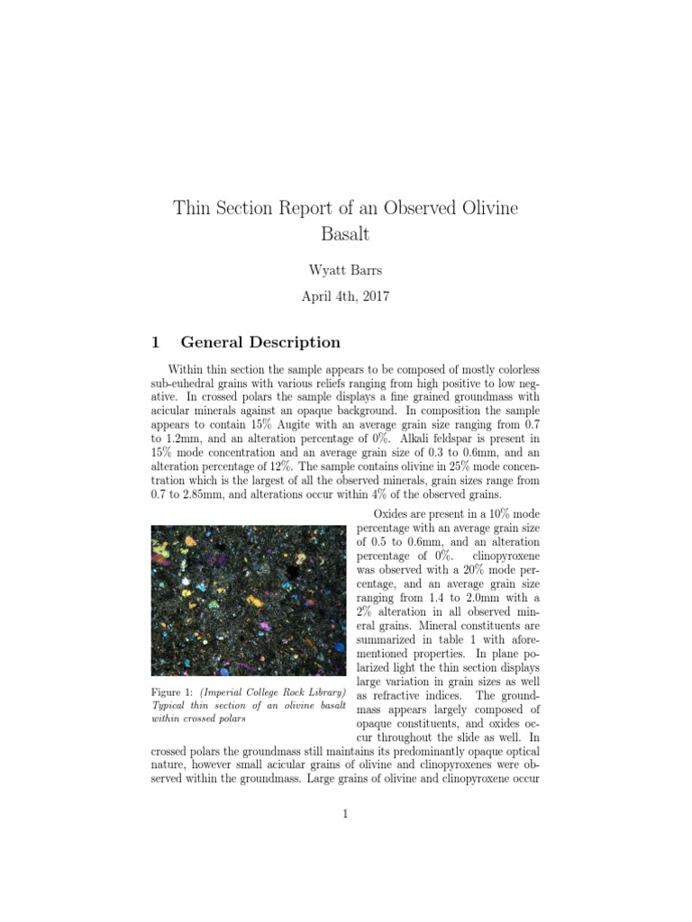 Thin Section Report of An Observed Olivine Basalt: 1 General ...