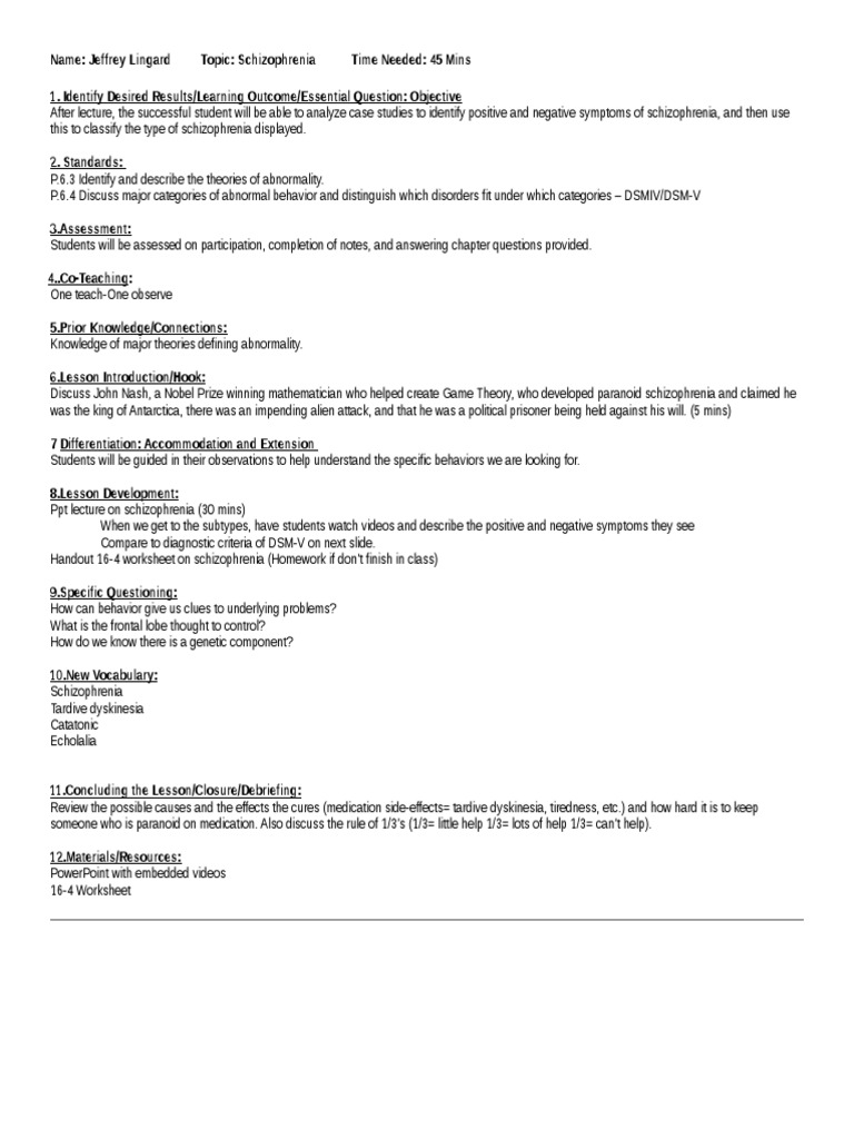 Schizophrenia Teaching Lesson Plan | PDF | Schizophrenia | Psychopathology