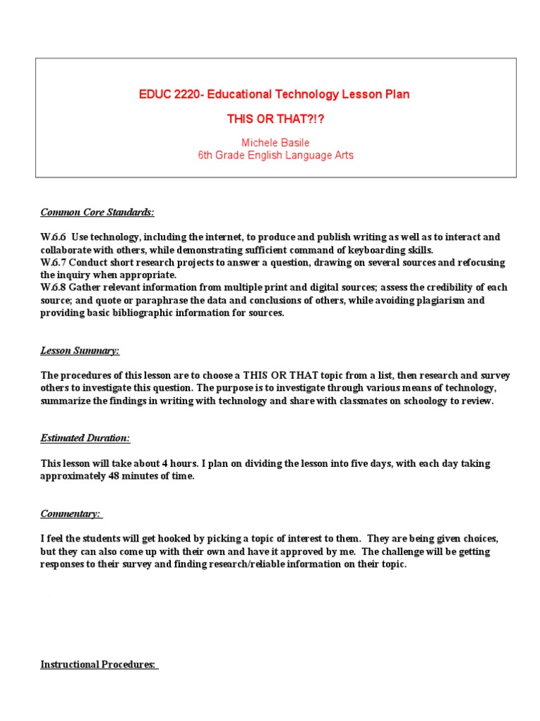 This or That Lesson Plan | PDF | Chromebook | Survey Methodology