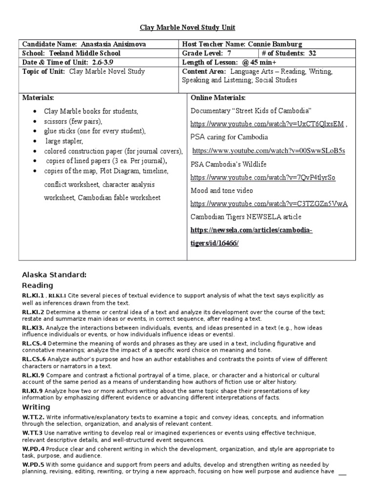 Clay Marble Novel Study Unit Overview | PDF | Reading Comprehension ...