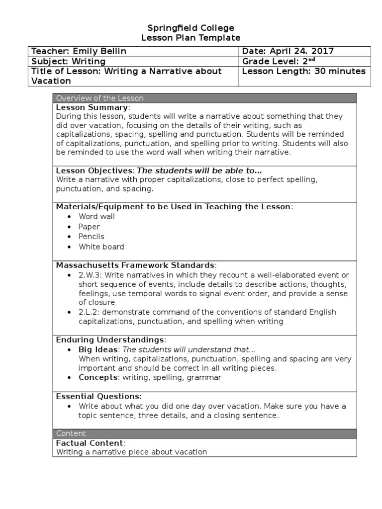 2nd Grade Narrative Writing Lesson Plan | PDF | Lesson Plan | Reading ...