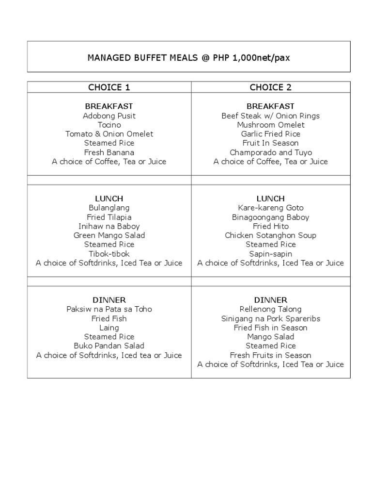 '15 Overnight Managed Buffet Meal @P1,000 Per Head | PDF | Lunch ...