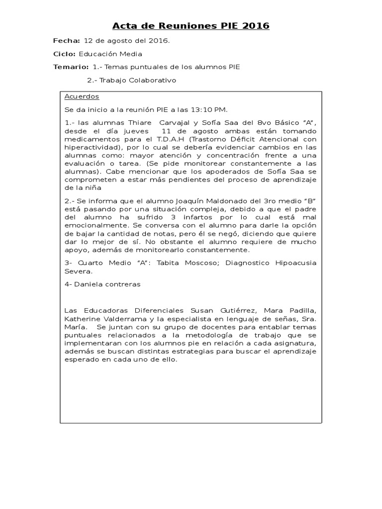 Acta de Reuniones PIE 2016 | PDF