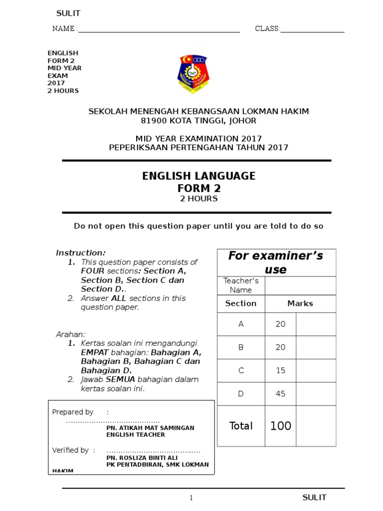 English Form 2 Mid Year | PDF | Grammar | Cognitive Science