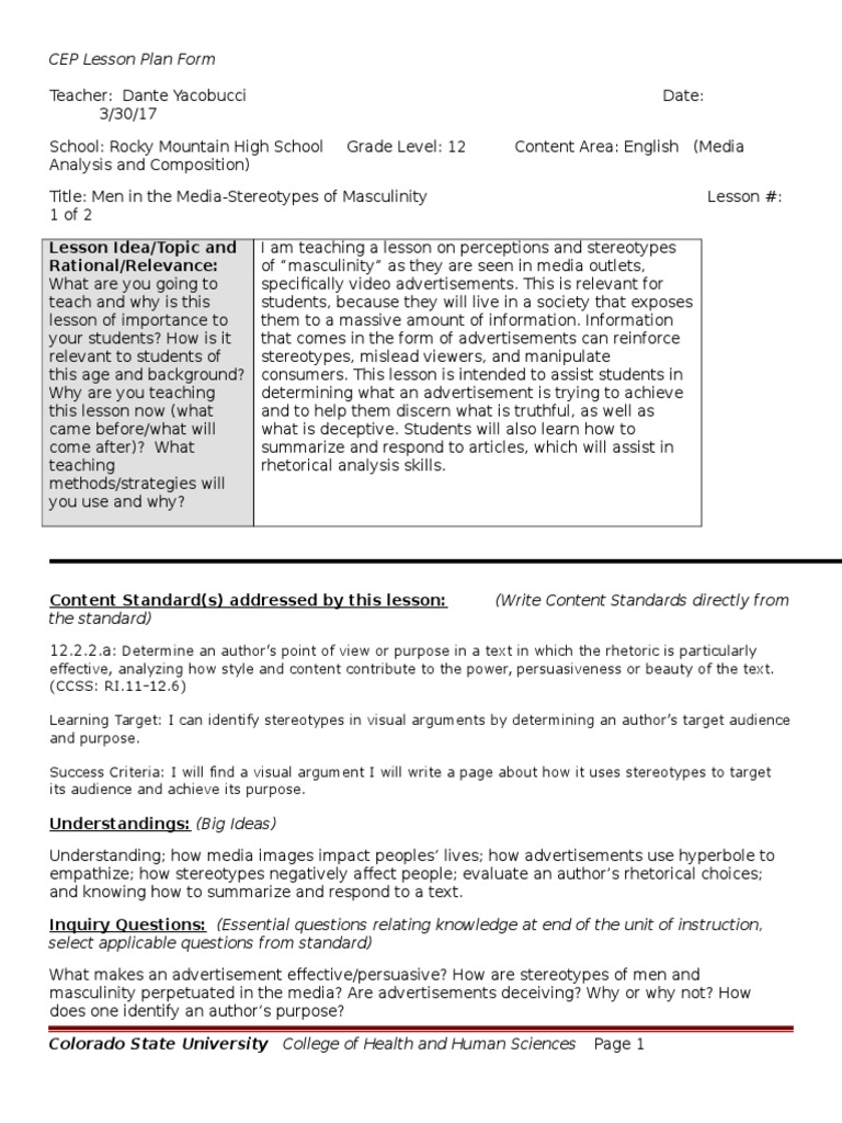 Lesson Idea/Topic and Rational/Relevance:: CEP Lesson Plan Form | PDF ...