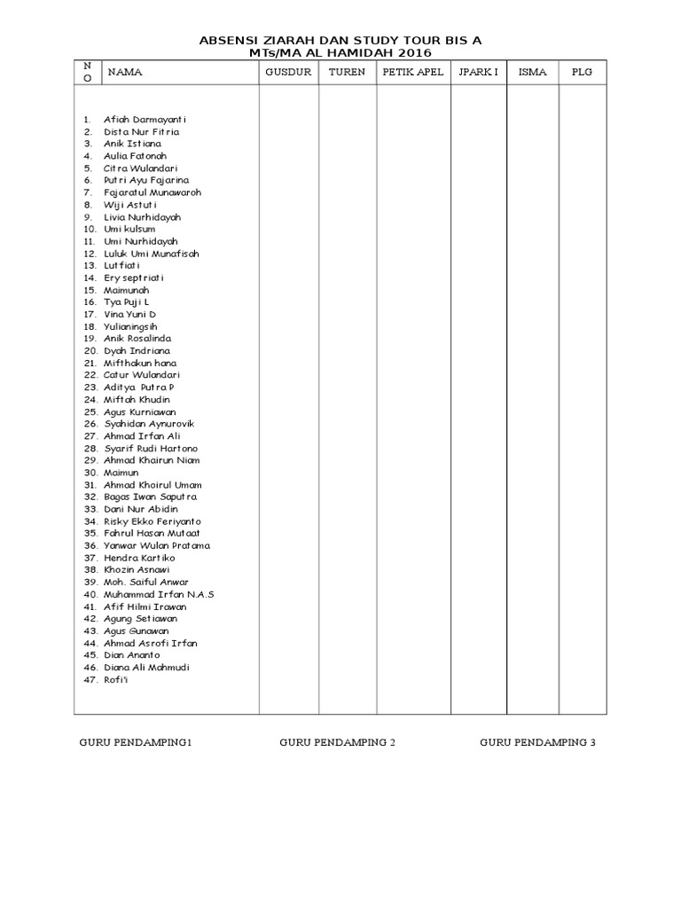 Absensi Ziarah Dan Study Tour Bis | PDF