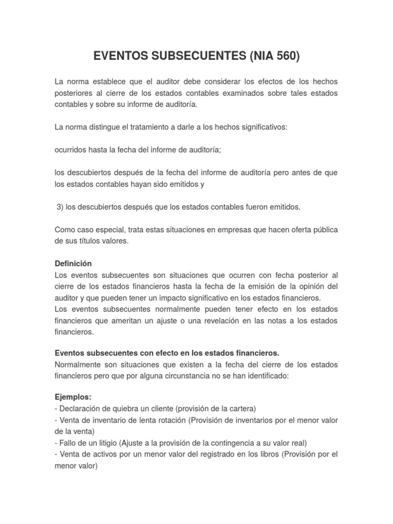EVENTOS SUBSECUENTES | Auditoría financiera | Contralor