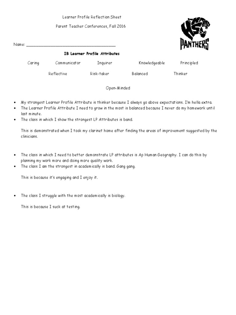 IB Learner Profile Reflection Sheet | PDF | Career & Growth | Self ...