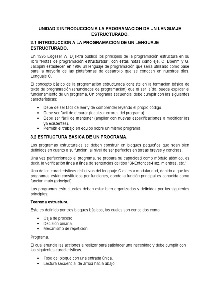 Unidad 3 Introduccion A La Programacion de Un Lenguaje Estructurado ... Unidad 3 Introduccion A La Programacion de Un Lenguaje Estructurado ...