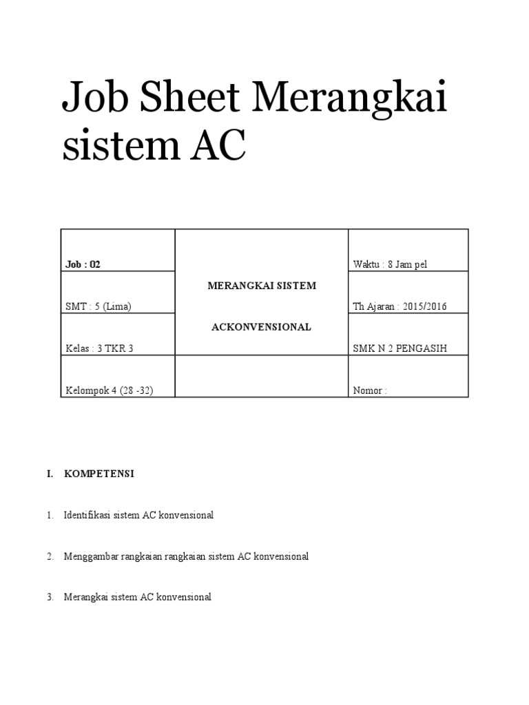 Job Sheet Merangkai Sistem AC | PDF