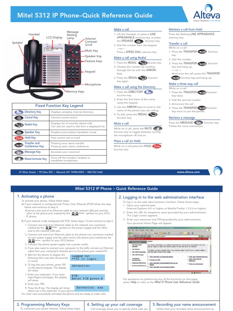 Alteva Mitel 5312 QuikRefGuide | PDF | Telephone | Voicemail